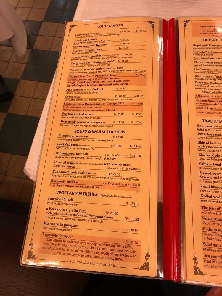 Menu au Brasserie Lipp, Genève, Confédération centre