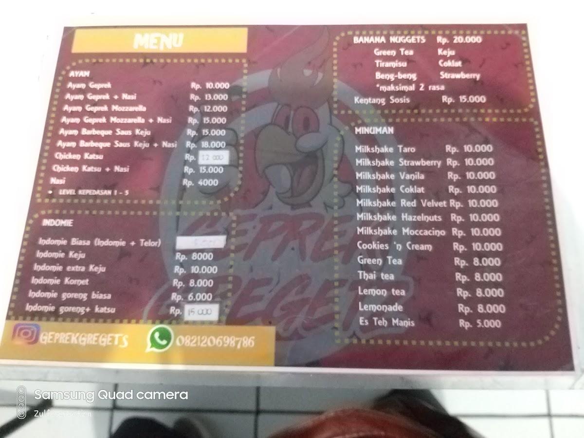 Menu at Geprek GREGETS restaurant, Lembang