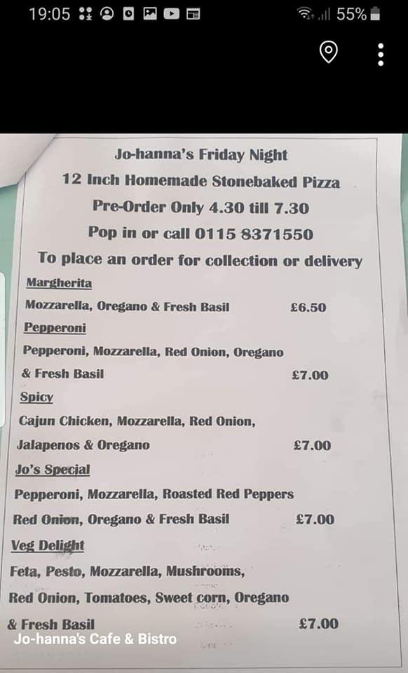 Menu at Jo-hanna's Cafe & Bistro, Lowdham