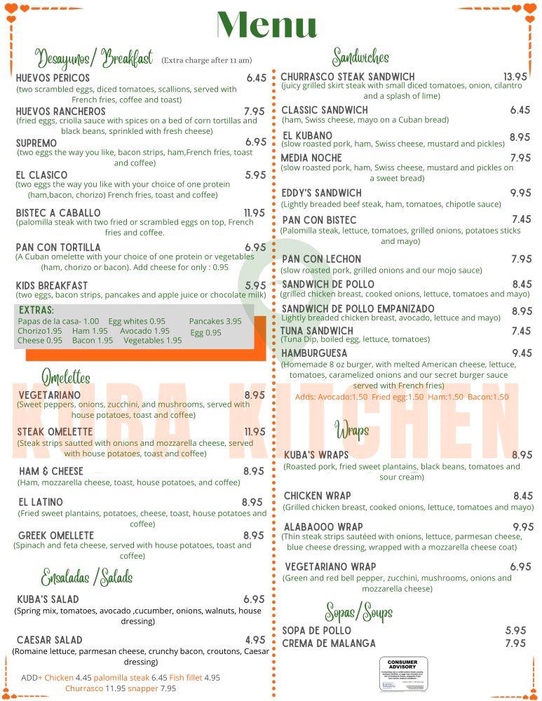 Menu at Kuba Kitchen restaurant, Miami