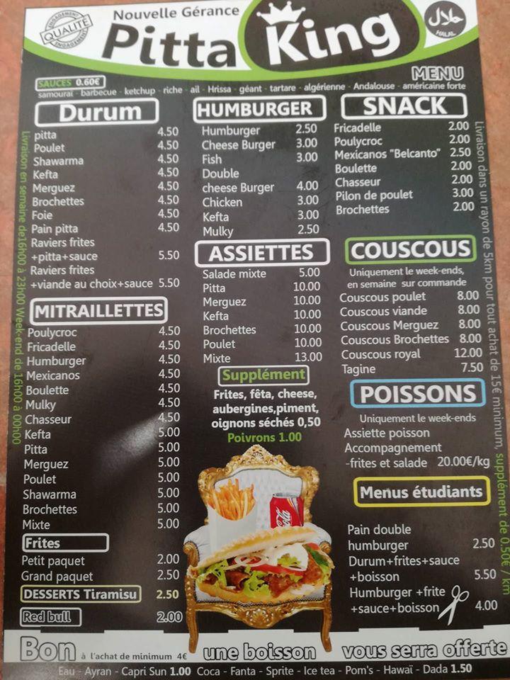 Menu at Pitta King Snack, Charleroi, Grand'Rue