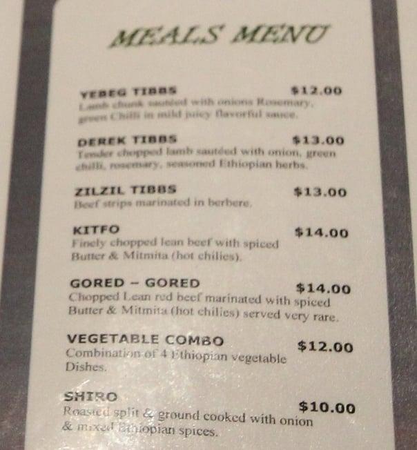 Menu at Queen of Sheba restaurant, Footscray