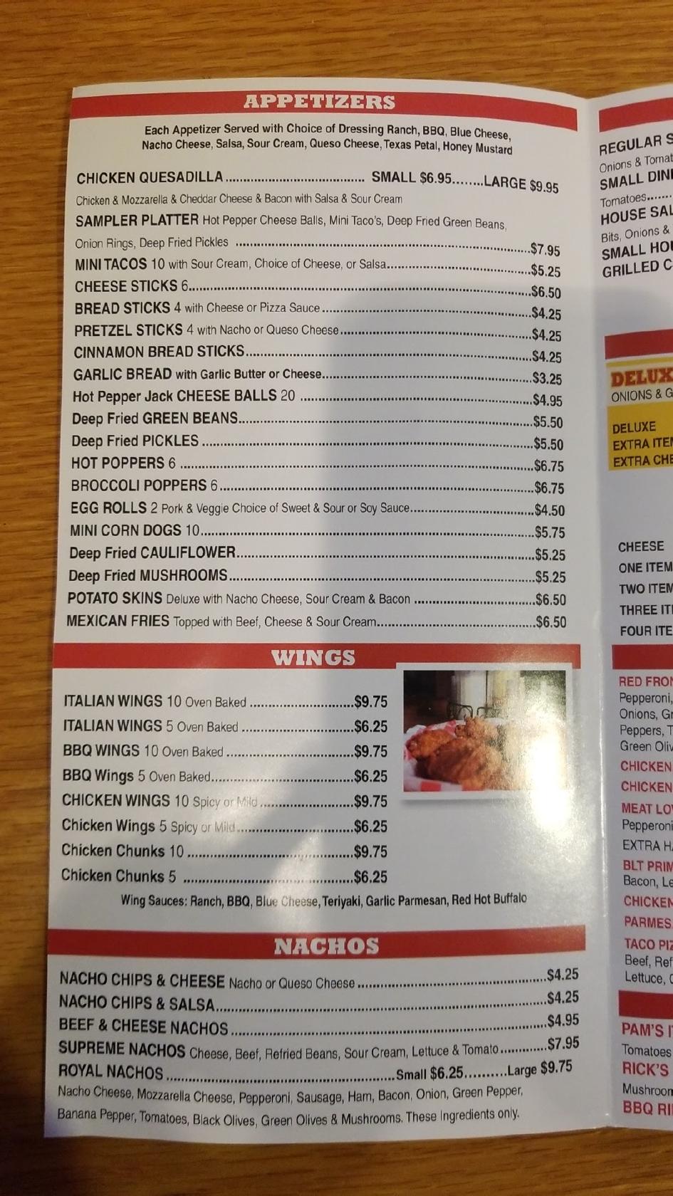 Menu at Red Front Inn pizzeria, New Paris