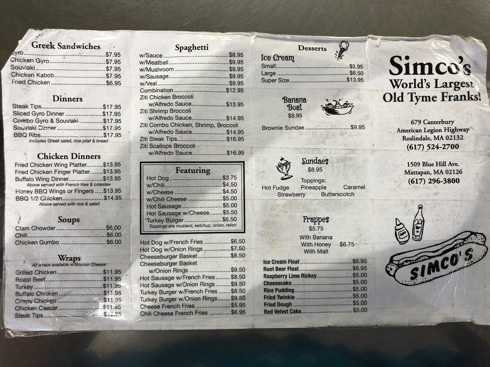 Menu at Simco's restaurant, Boston, 679 Canterbury St