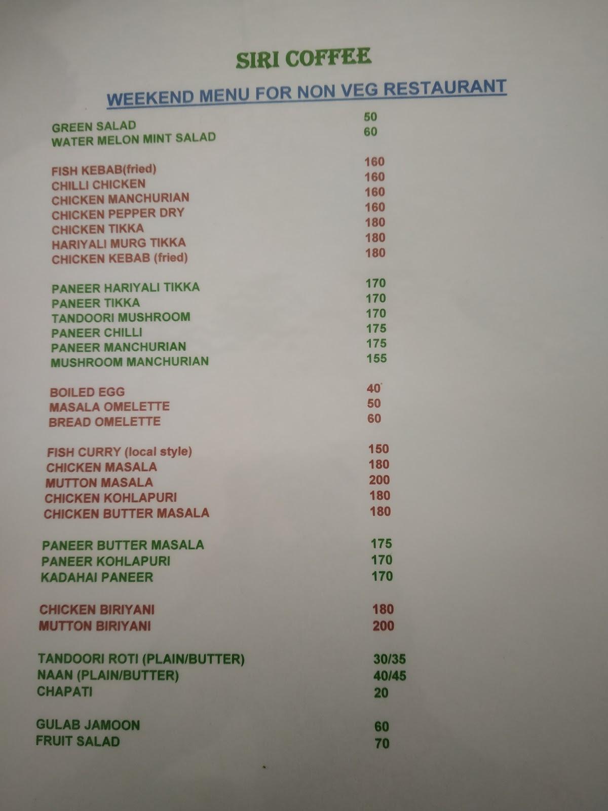 Menu at Siri Coffee, Chickmagaluru, 9Q83+G6F