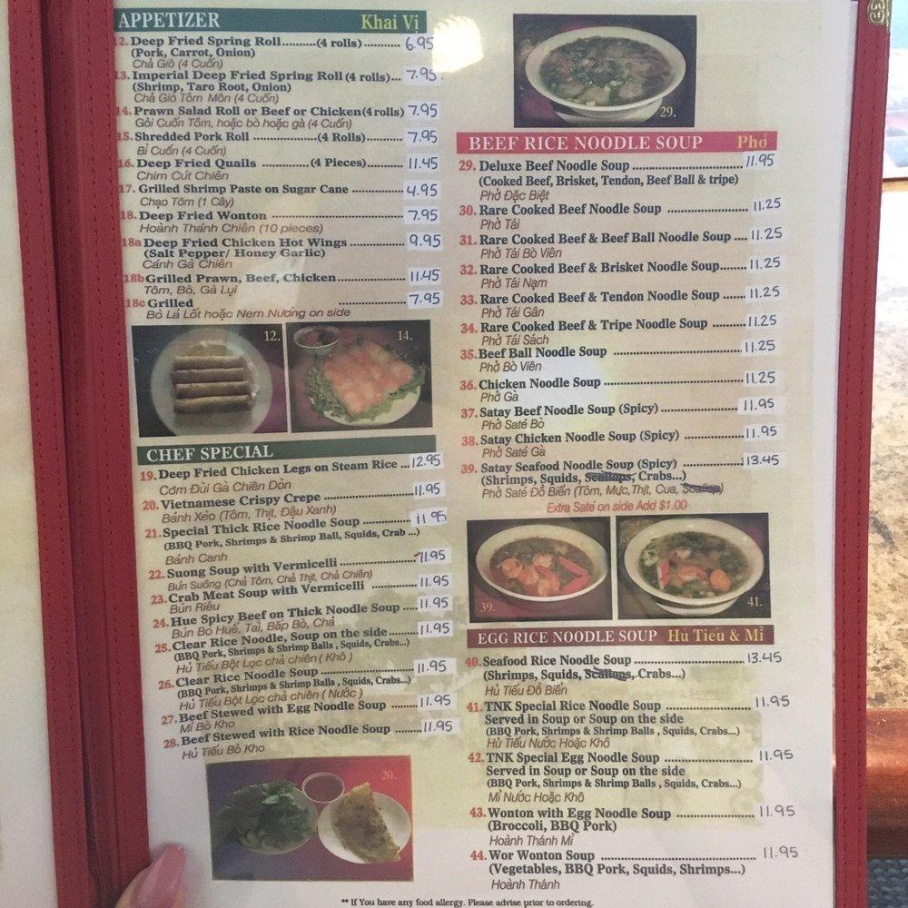 Menu at TNK Vietnamese Restaurant, Calgary