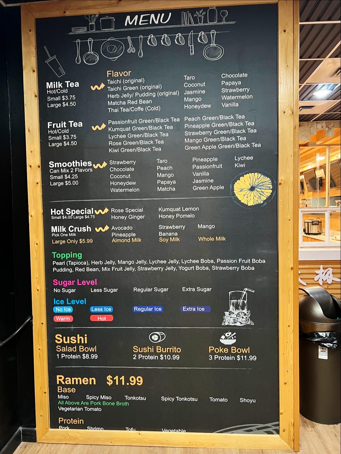 Menu at Tai Chi Bubble Tea restaurant, Chicago