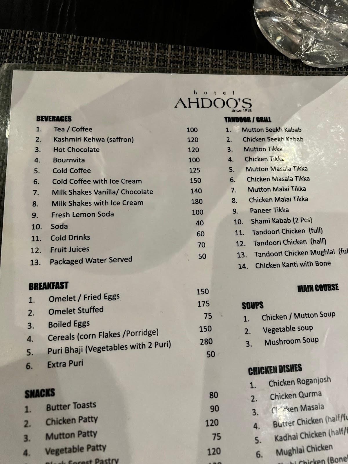 Menu at Ahdoos Restaurant, Srinagar, Ahdoo's Hotel
