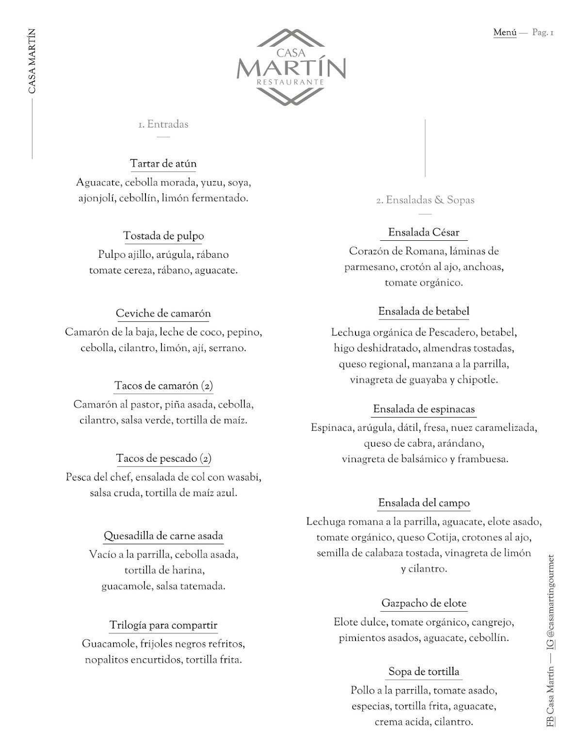 Menu at Casa Martín Restaurante, Cabo San Lucas