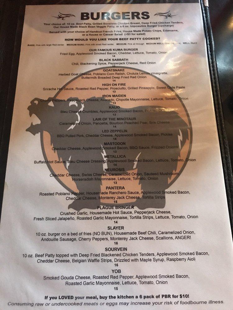 Menu at Kuma's Corner pub & bar, Chicago, W Belmont Ave