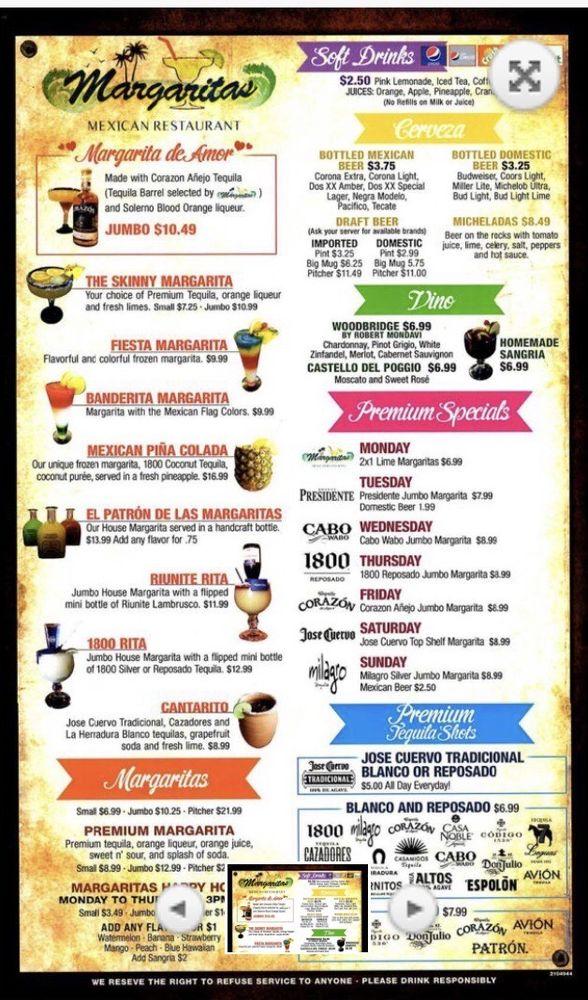 Menu at Las Margaritas restaurant, Munford, US-51