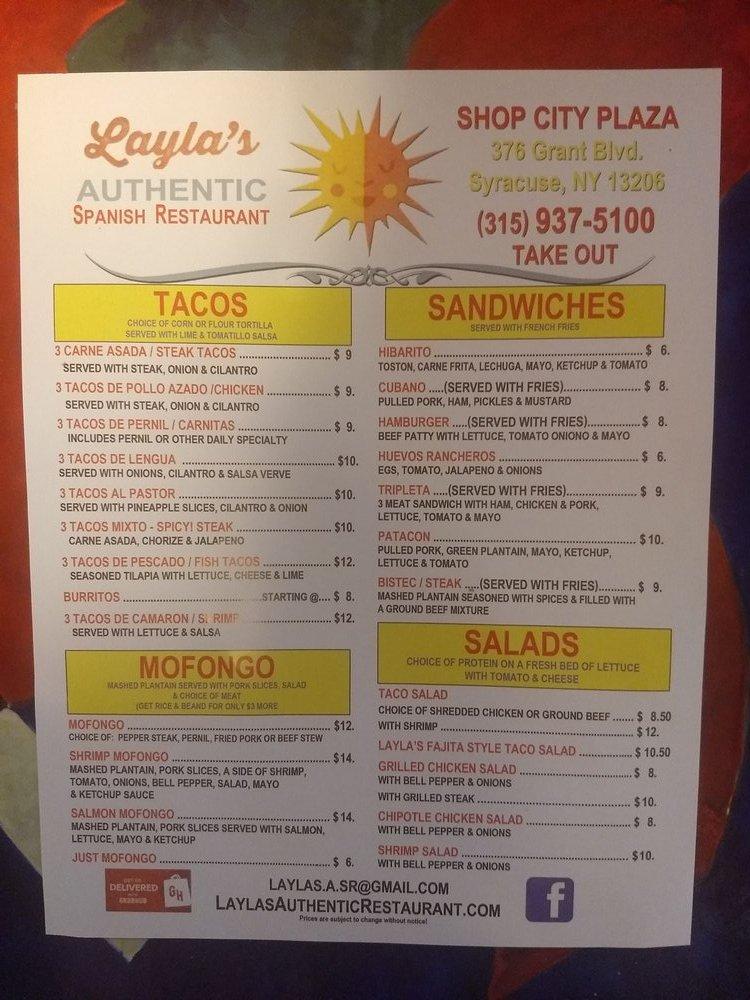 Menu at Layla's Authentic Spanish Restaurant, Syracuse, 376 Grant Blvd