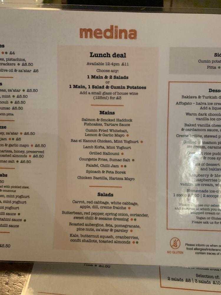 Menu at Medina restaurant, Aberystwyth