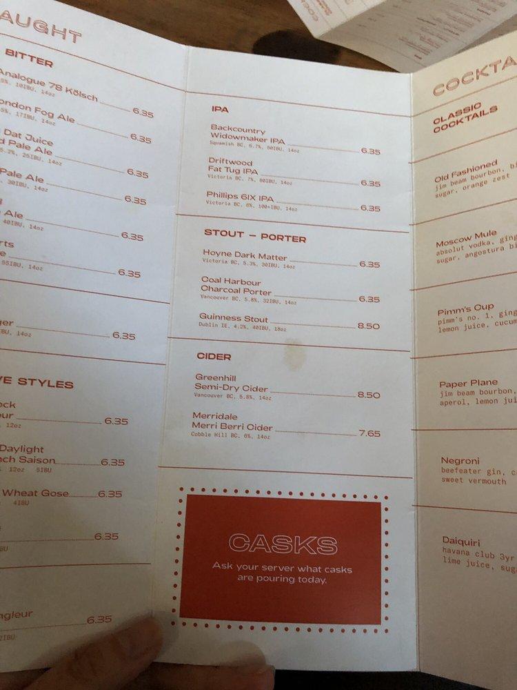 Menu at Railway Stage and Beer Cafe, Vancouver