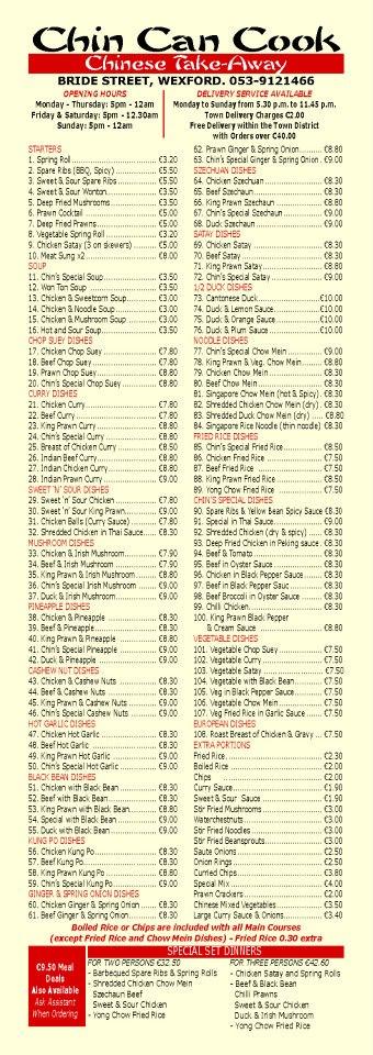 Menu at Chin Can Cook fast food, Wexford