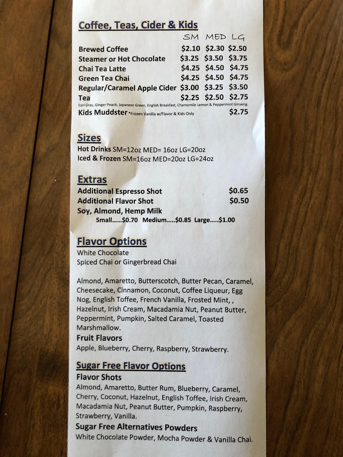 Menu at Cuppa Mudd (aka Mountain Mudd) cafe, Mauston