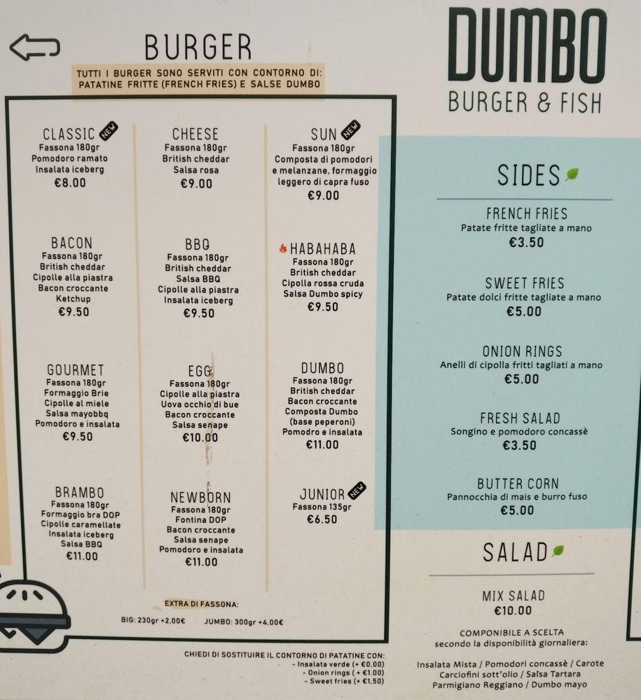 Menu da DUMBO ristorante, Milano