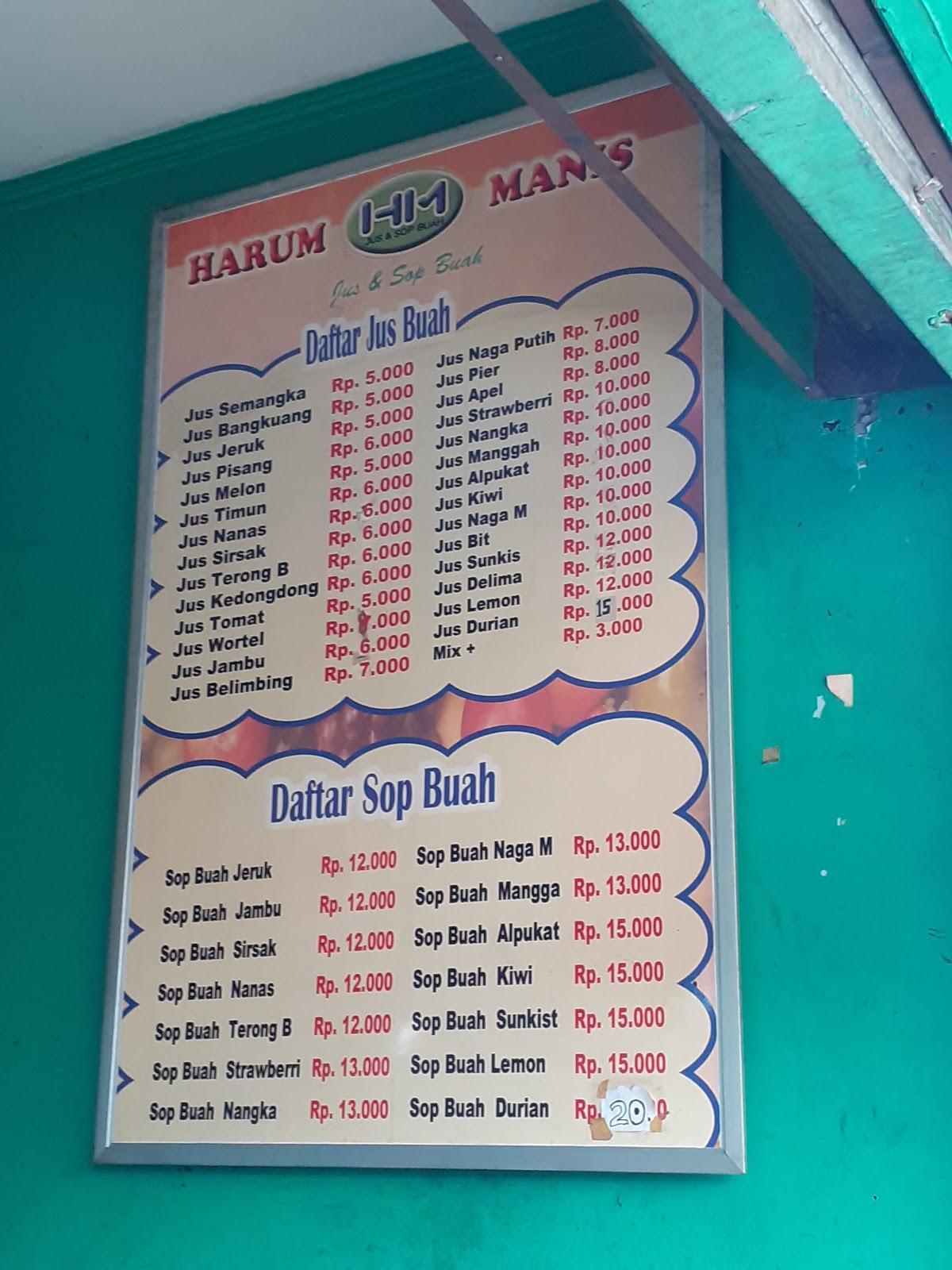 Menu at Harum Manis Jus & Sop Buah restaurant, East Jakarta