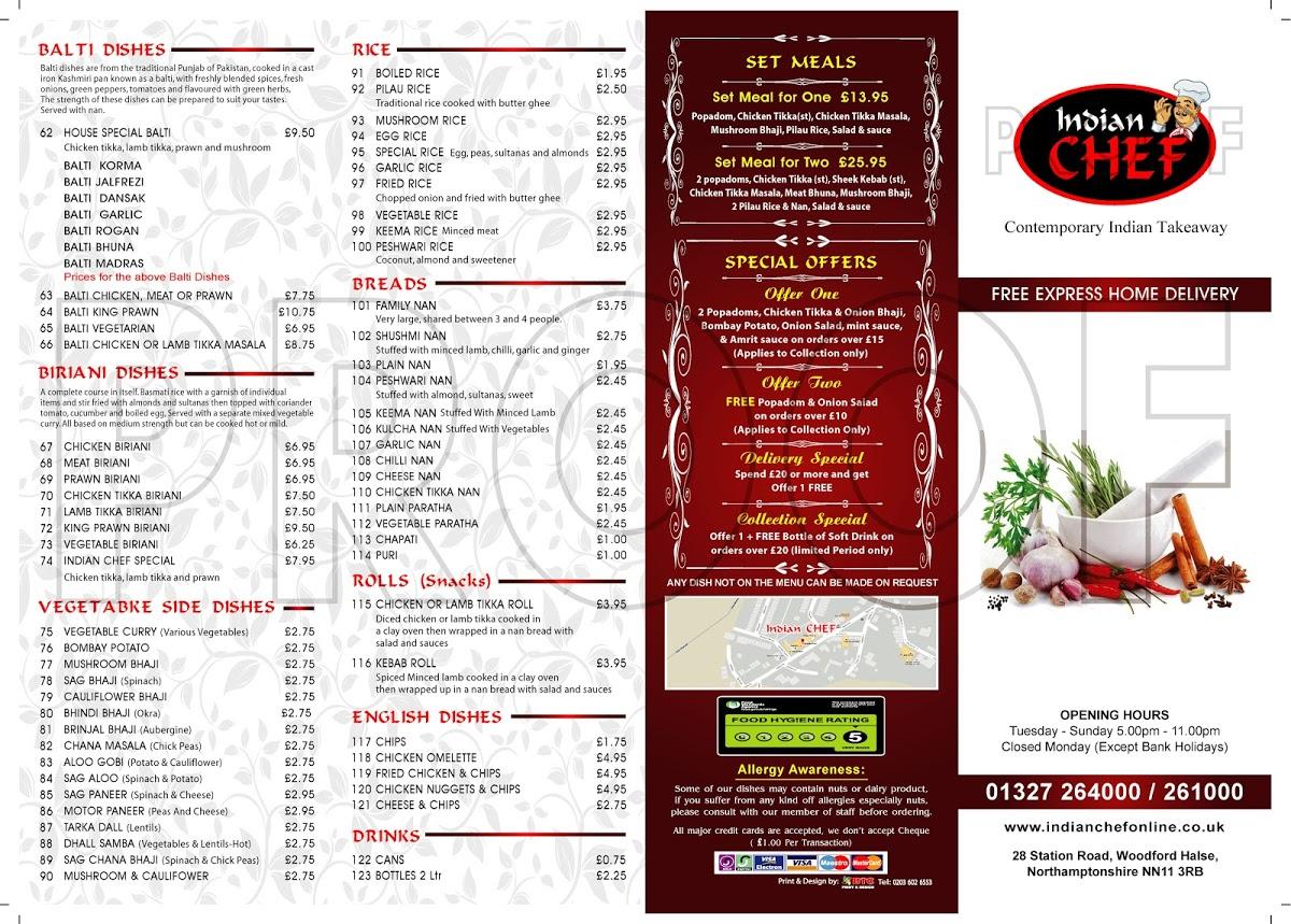 Menu at Indian Chef restaurant, Woodford Halse