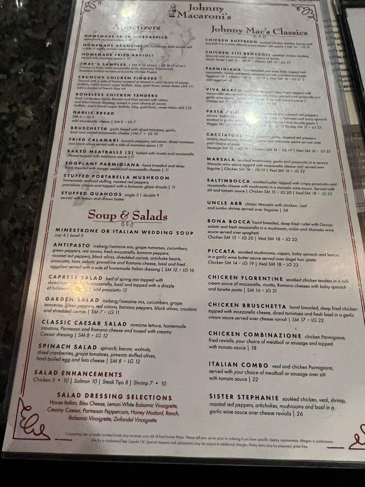 Menu at Johnny Macaroni's desserts, East Bridgewater, Plymouth St