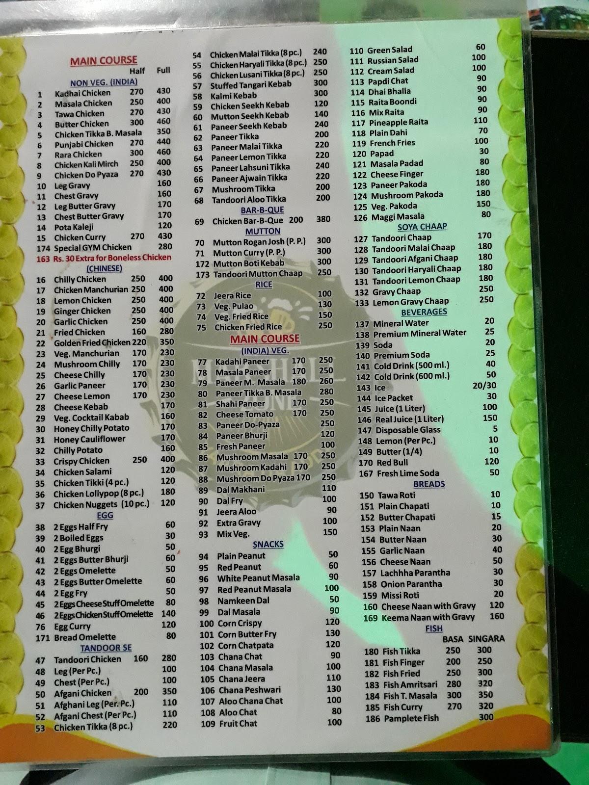 Menu at Marshall zone (Yaara Da Adda), Panchkula