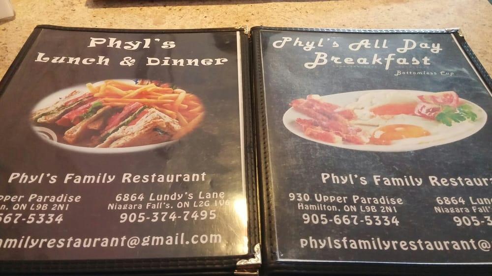 Menu at Phyl's All Day Breakfast and Lunch restaurant, Niagara Falls