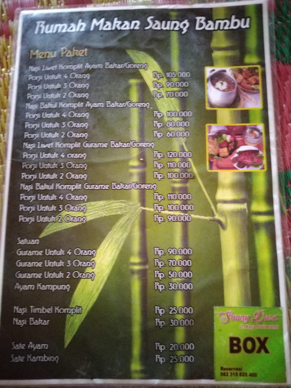Menu at RM. Saung bambu restaurant, Tarogong Kaler