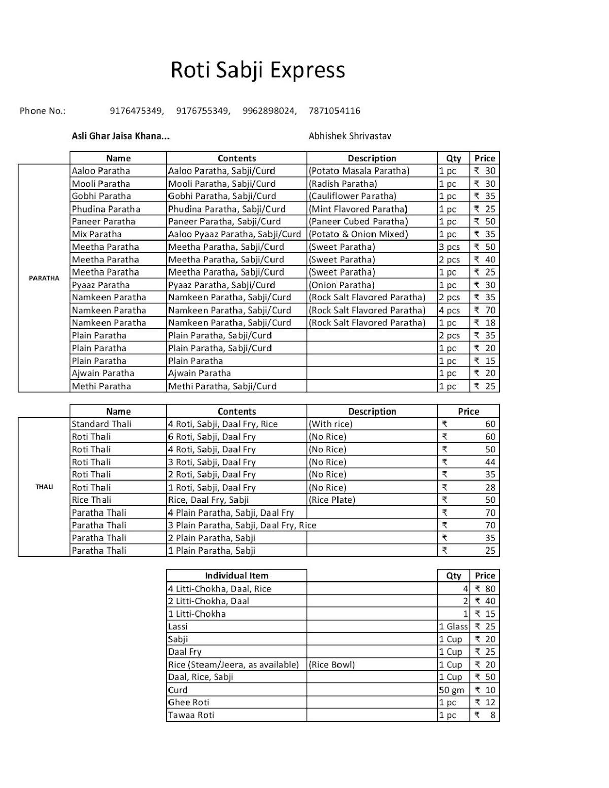Menu at Roti Sabji Express, Chennai