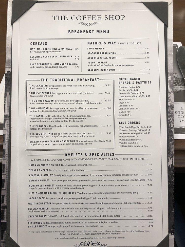 Menu at The Coffee Shop at Little America Hotel cafe, Salt Lake City