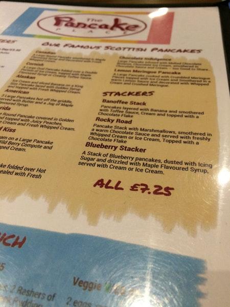 Menu at The Pancake Place cafe, Dundee