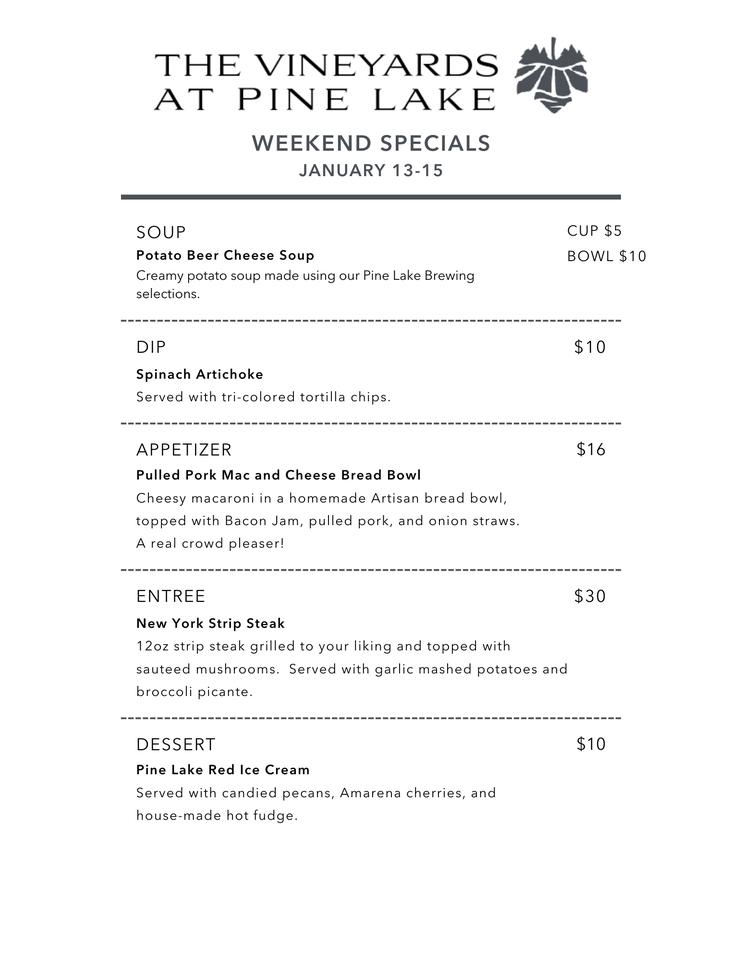 Menu at Vineyards at Pine Lake pub & bar, Columbiana