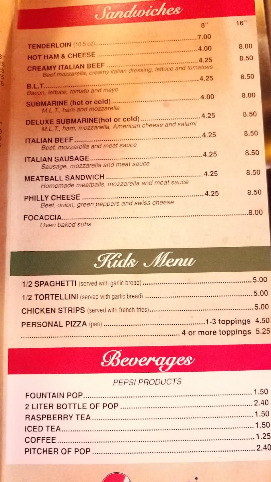 Menu at Alfano's Pizzeria, Monmouth