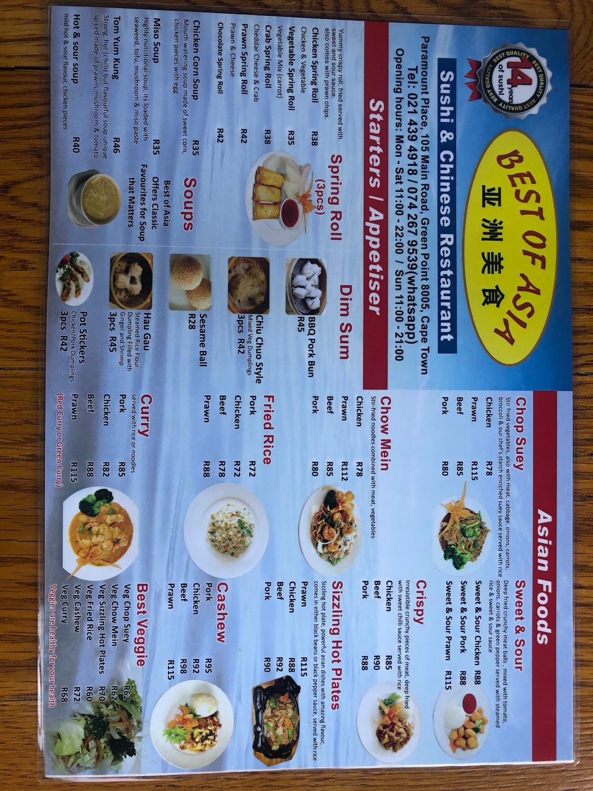 Menu at Best Of Asia Green Point restaurant, Cape Town, 105 Main Rd