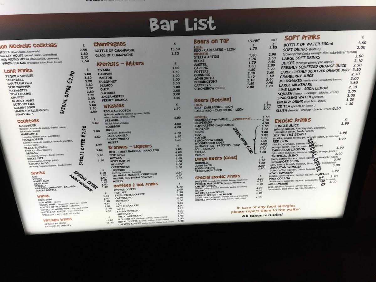 Menu at Cheers, Protaras, +72V