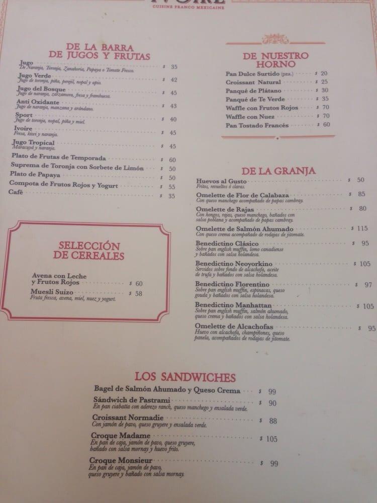 Carta del restaurante Ivoire, Ciudad López Mateos