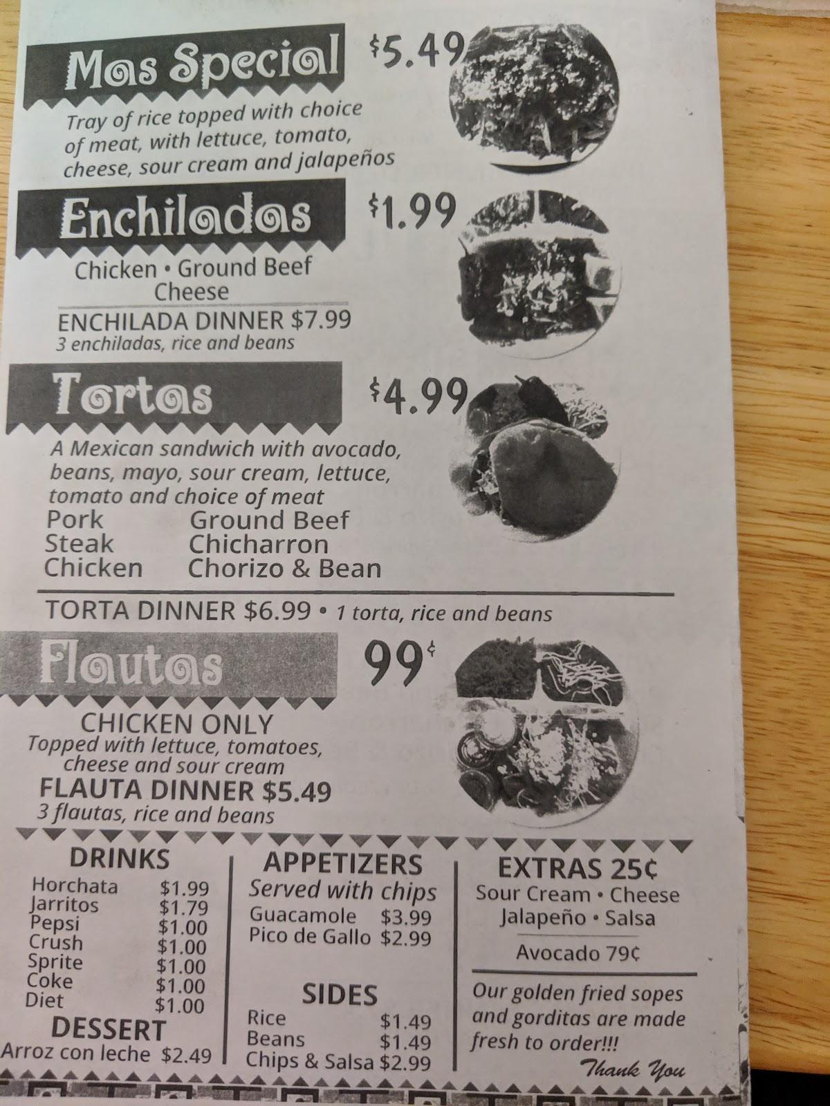 Menu at Mas Tacos restaurant, Highland