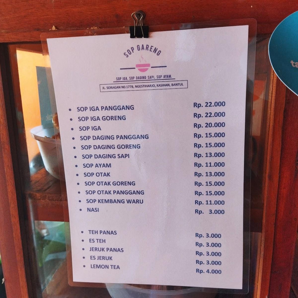 Menu at Sop Gareng (Sop Iga Goreng) restaurant, Banguntapan
