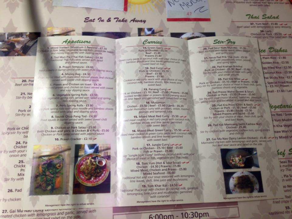 Menu at Tawan chai restaurant, Harlow, Three horseshoes road