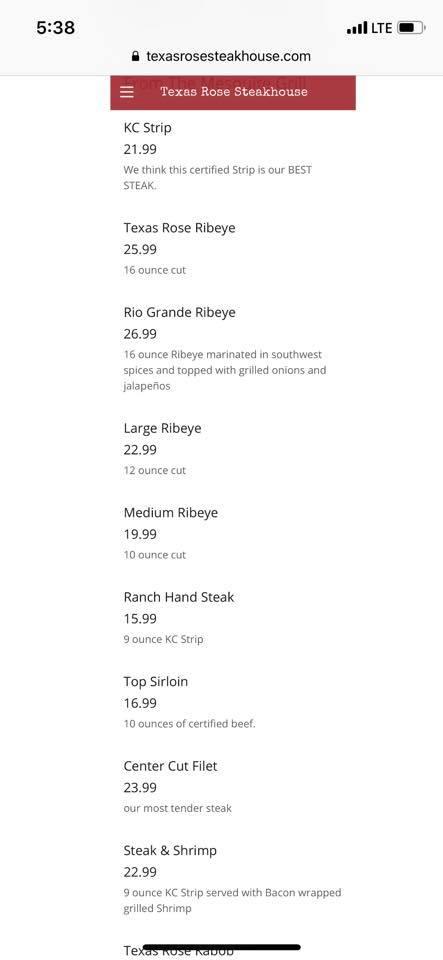 Menu at Texas Rose Steakhouse, Borger, Megert Center