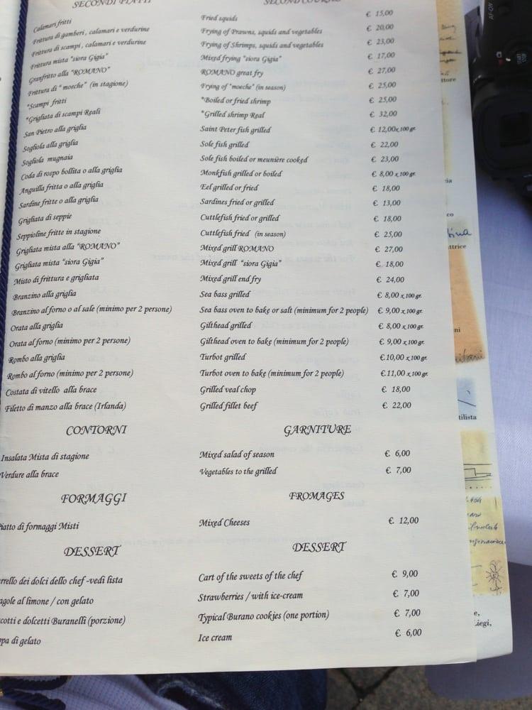 Menu at Trattoria da Romano restaurant, Venice, Via San Martino destro