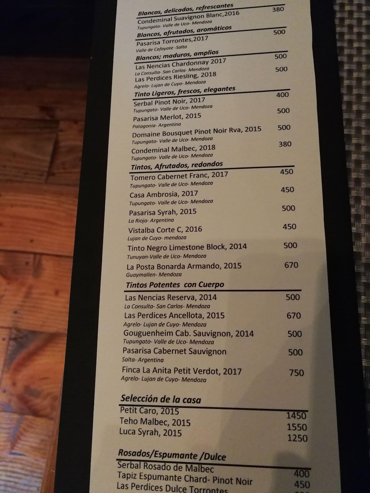 Menu at Ãnima restaurant, San Carlos de Bariloche