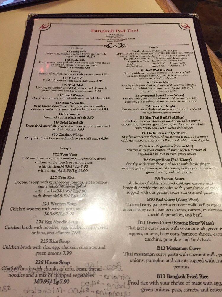 Menu at Bangkok Pad Thai restaurant, Lebanon, 155 Legends Dr
