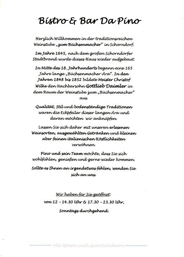 Carta de Bistro-Bar DaPino, Schorndorf