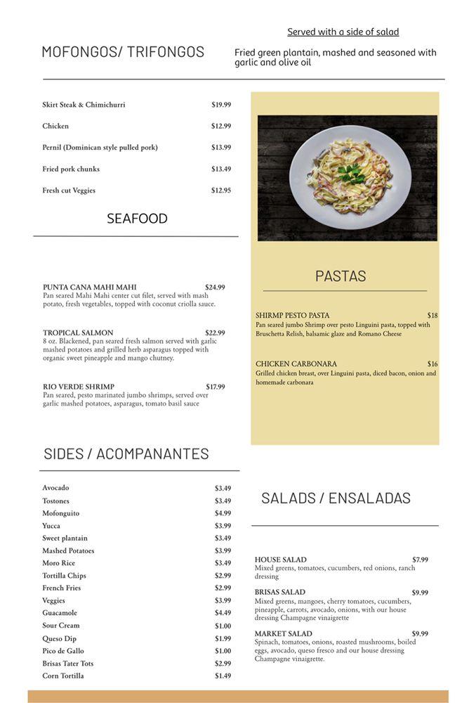Menu at Brisas restaurant, Goldsboro
