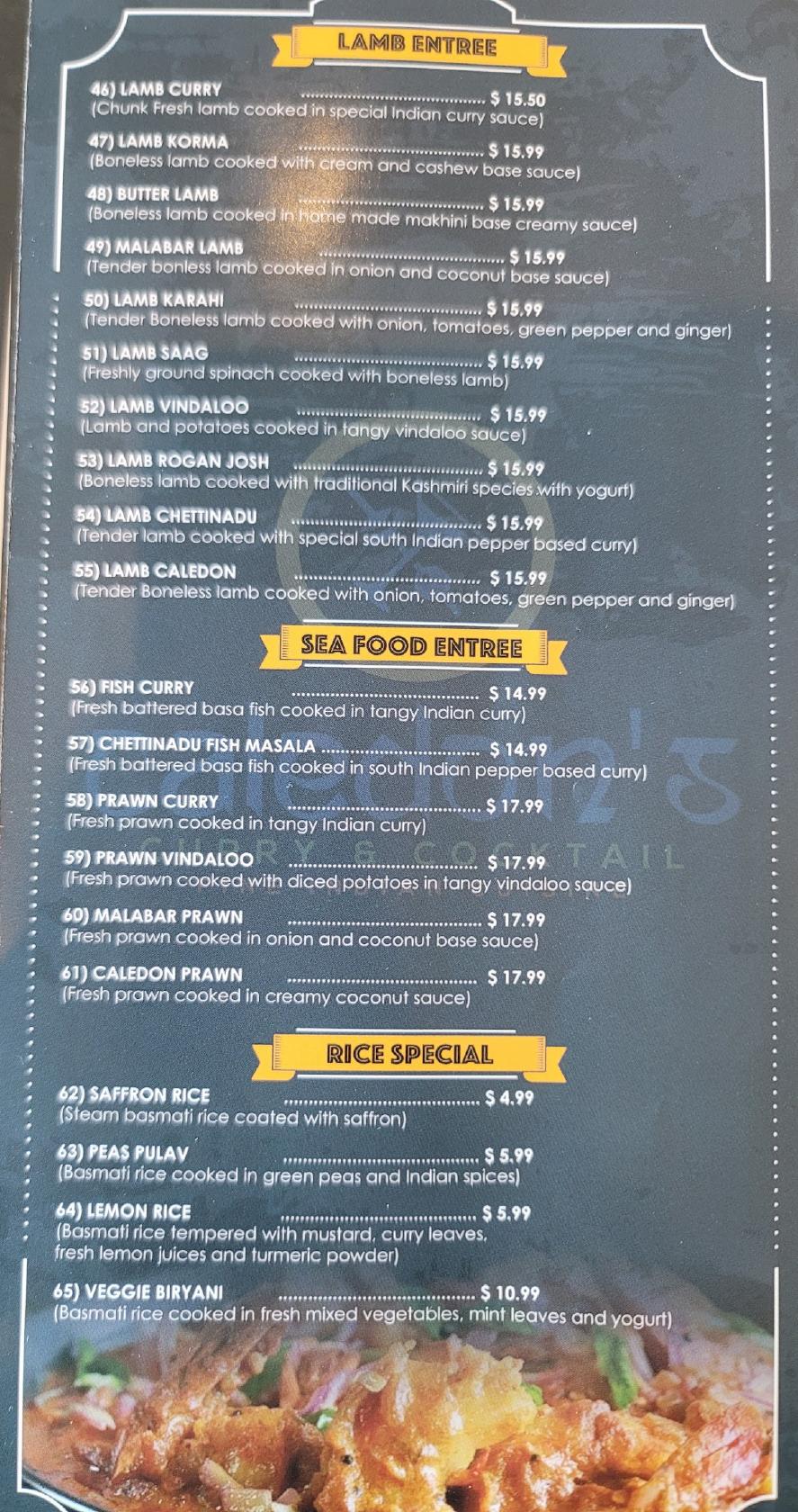 Menu at CALEDON'S CURRY AND COCKTAIL restaurant, Caledon