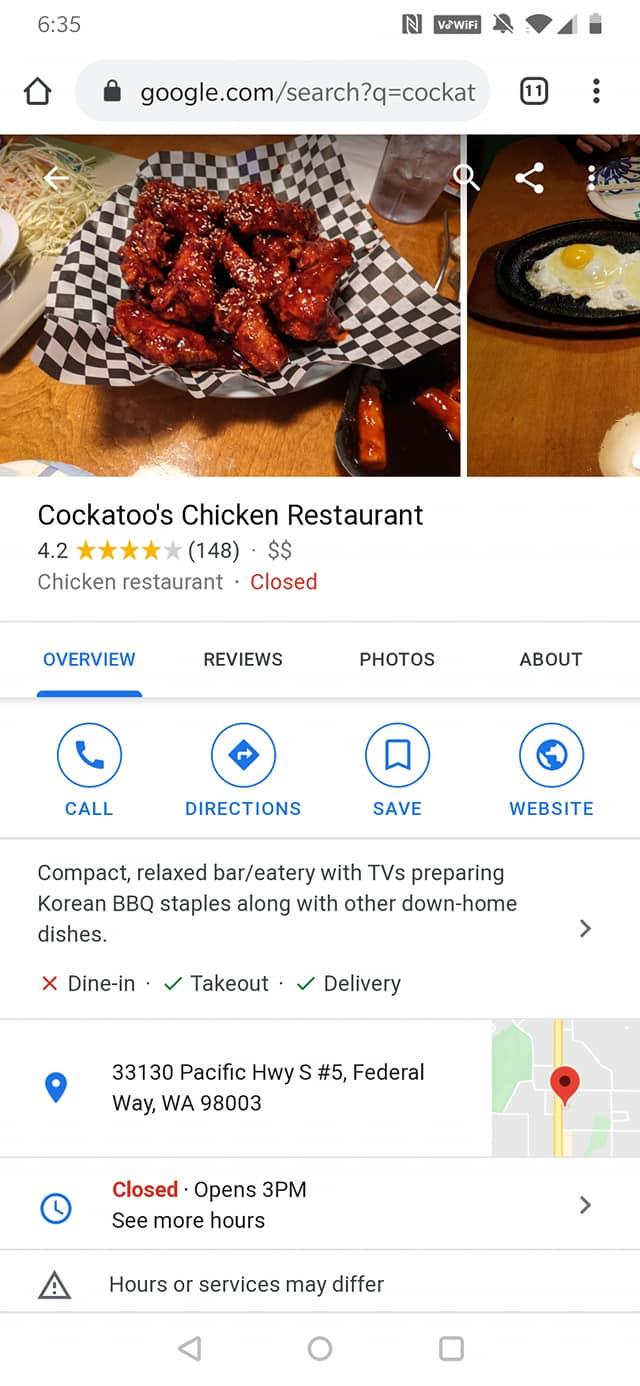 Menu at Cockatoo's Chicken Restaurant, Federal Way