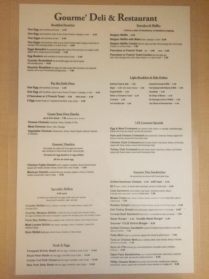 Menu at Gourmé Deli & Restaurant, Strongsville