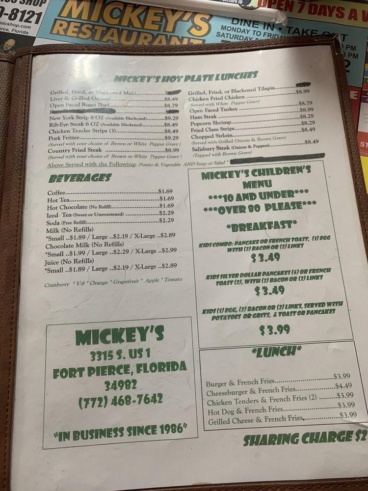 Menu at Mickey's Restaurant, Fort Pierce