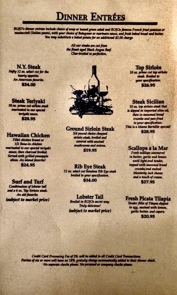 Menu at RoJo's Tavern BBQ, South Lake Tahoe