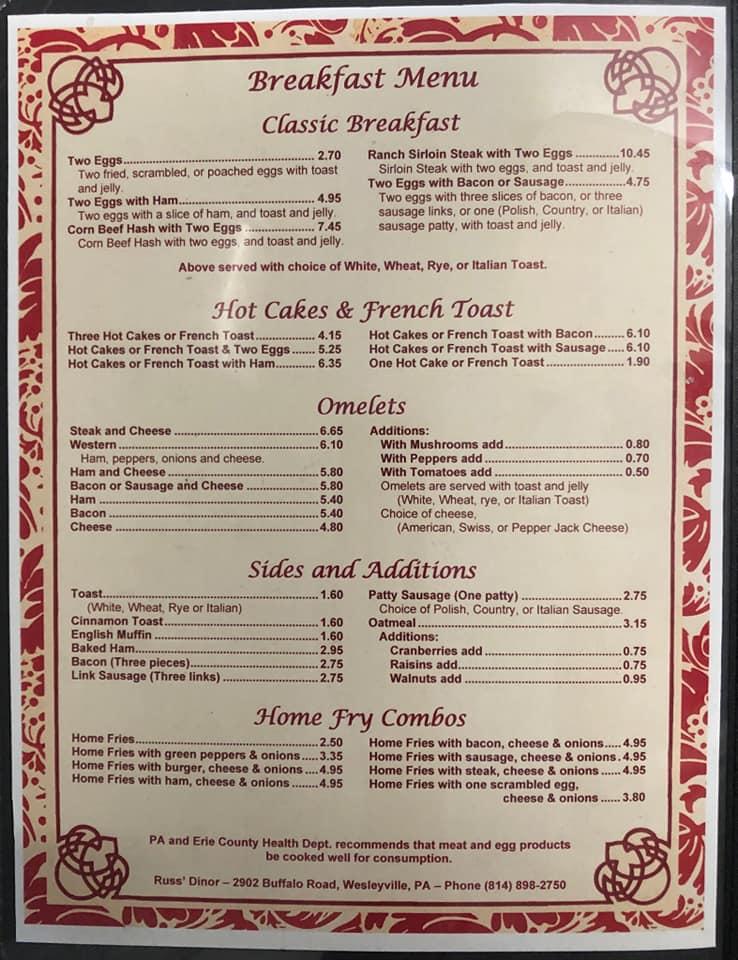 Menu at Russ' Dinor restaurant, Erie
